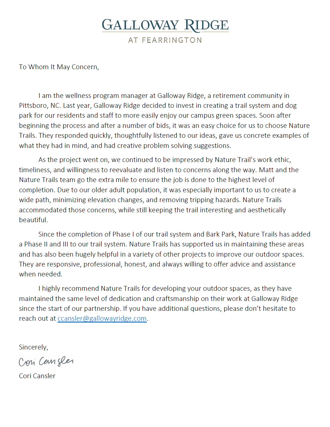 Letters of Recommendation – Nature Trails