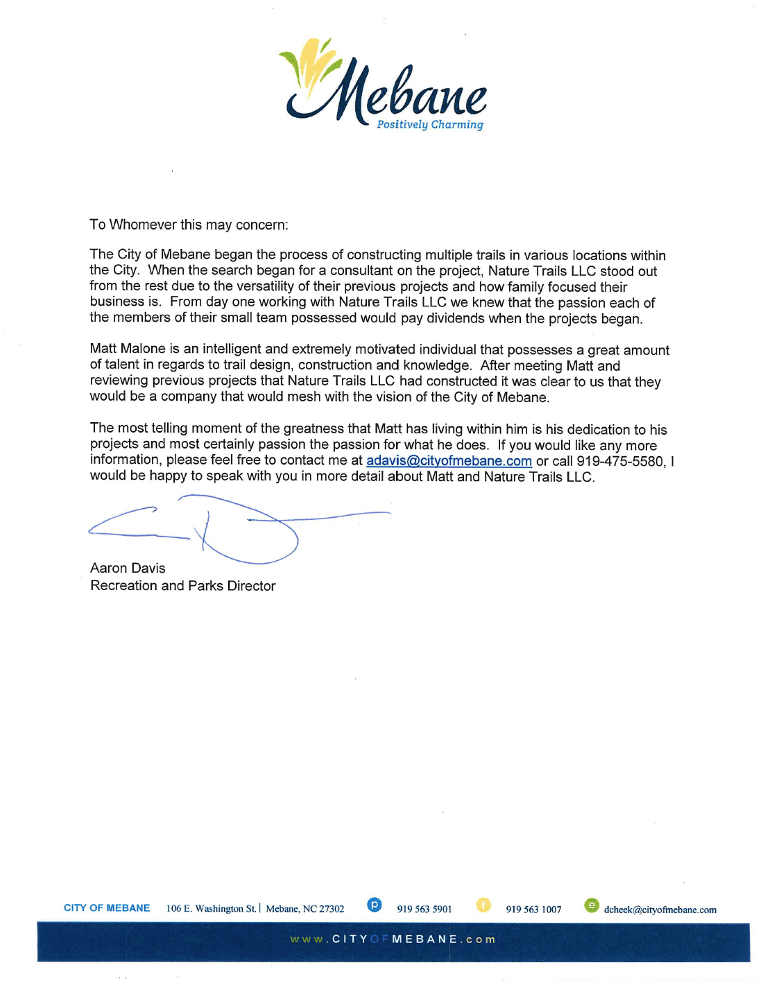 Letters of Recommendation – Nature Trails