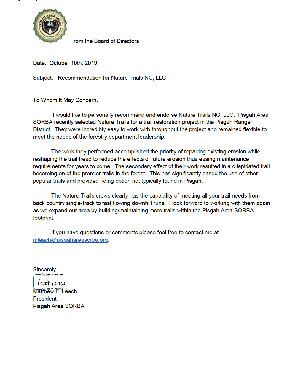 Letters of Recommendation – Nature Trails