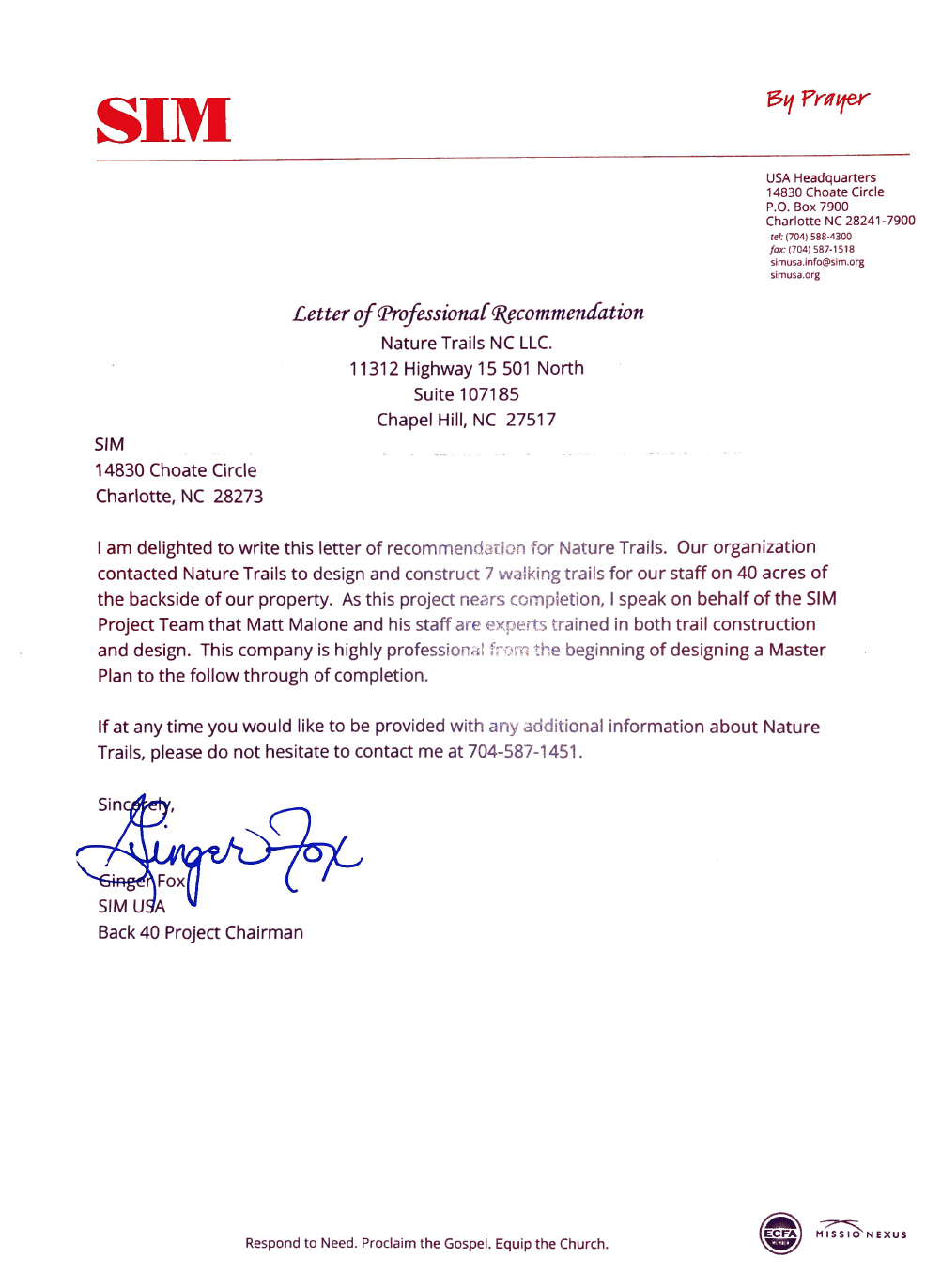 Letters of Recommendation – Nature Trails